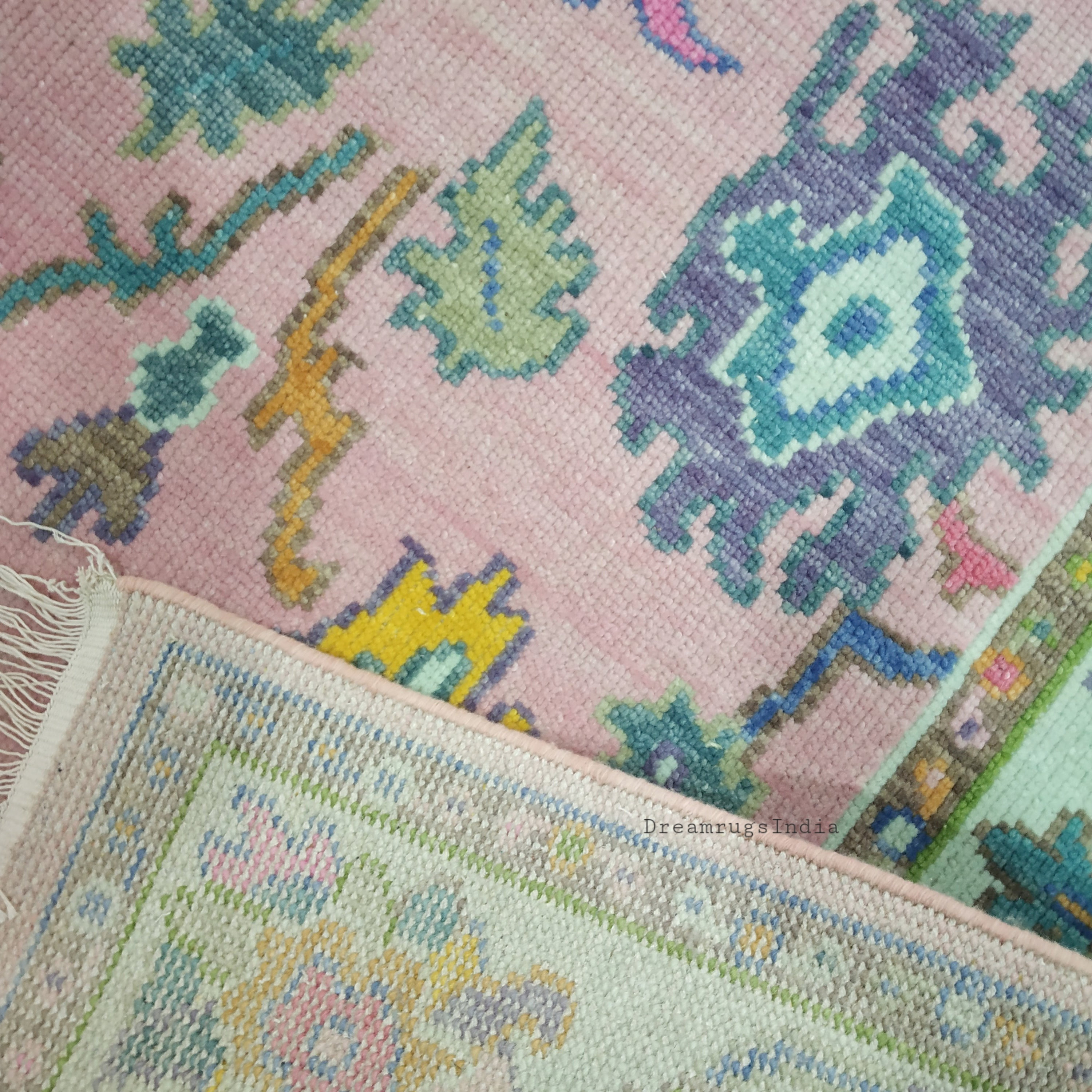 Pastel Pink and Green With Blue Accent Oushak Persian Rug in Hand ...