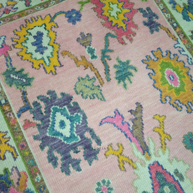 Pastel Pink and Green With Blue Accent Oushak Persian Rug in Hand ...
