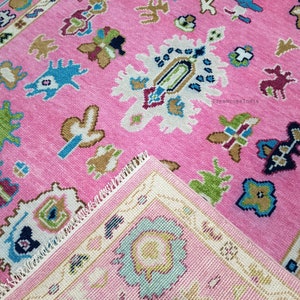 Modern Pink Background With Green Accent Oushak Persian Knot Rug in ...