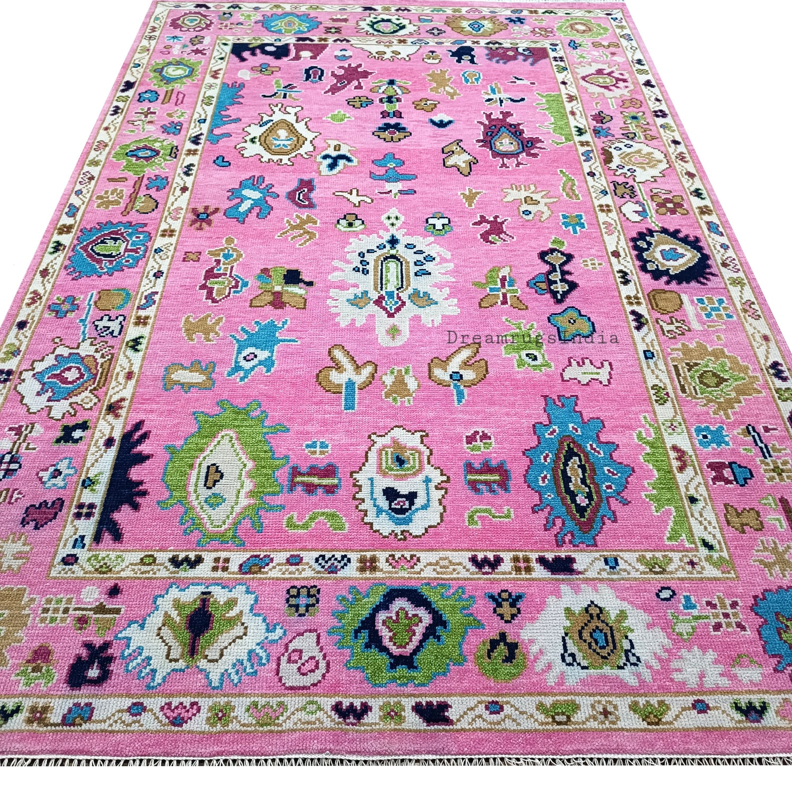 Modern Pink Background With Green Accent Oushak Persian Knot Rug in ...