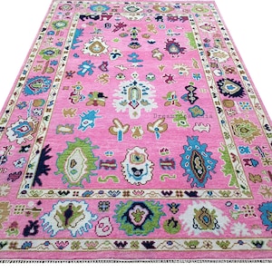 Modern Pink Background With Green Accent Oushak Persian Knot Rug in ...