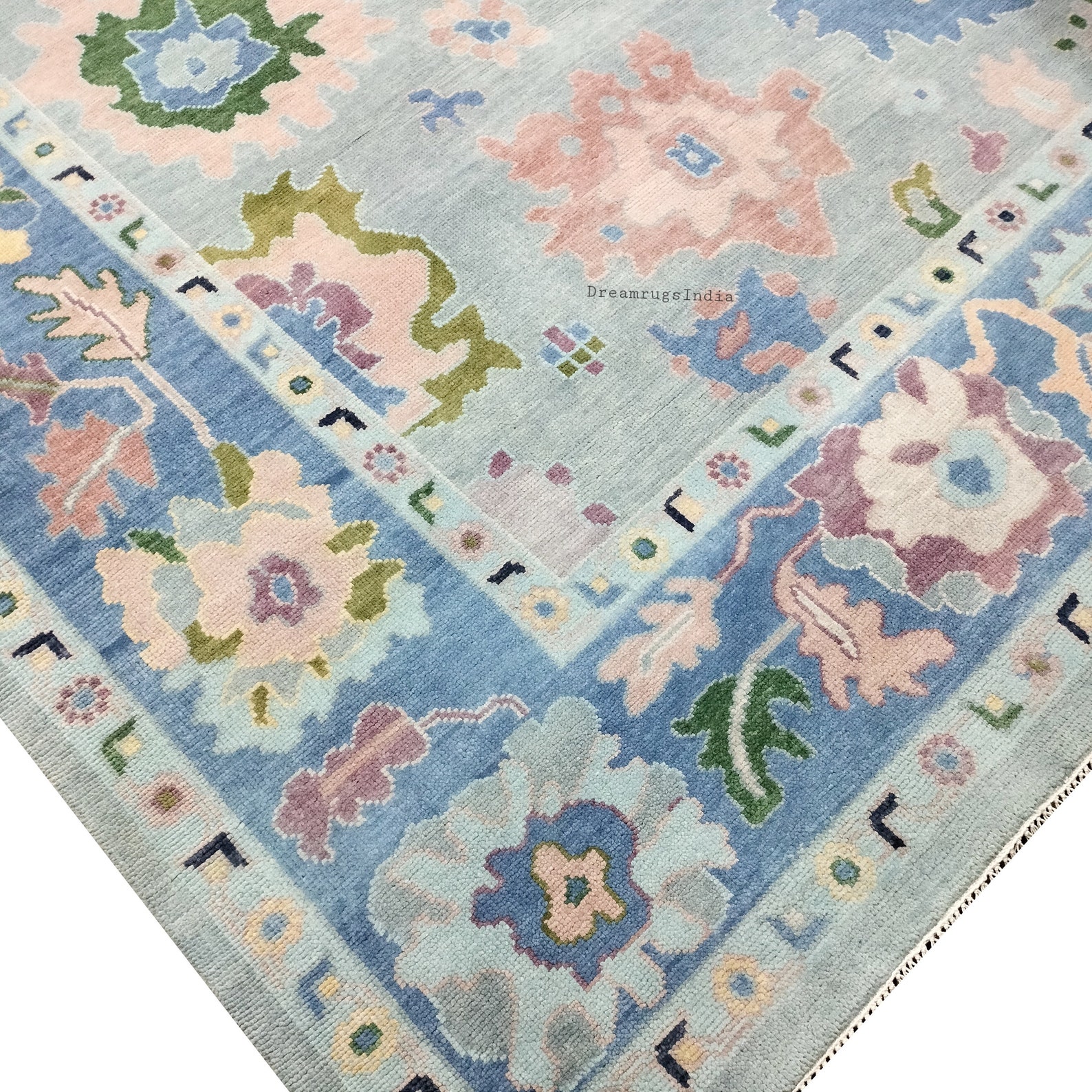 Light Blue and Blue With Pink Accent Oushak Persian Rug in Hand Knotted ...