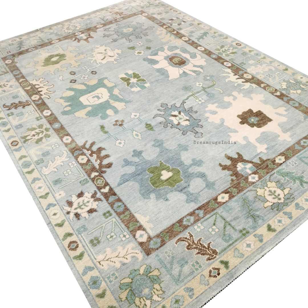 Modern Pastel Grey and Blue With Pink Accent Oushak Rug in Hand Knotted ...