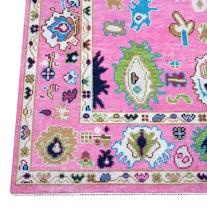 Modern Pink Background With Green Accent Oushak Persian Knot Rug in ...