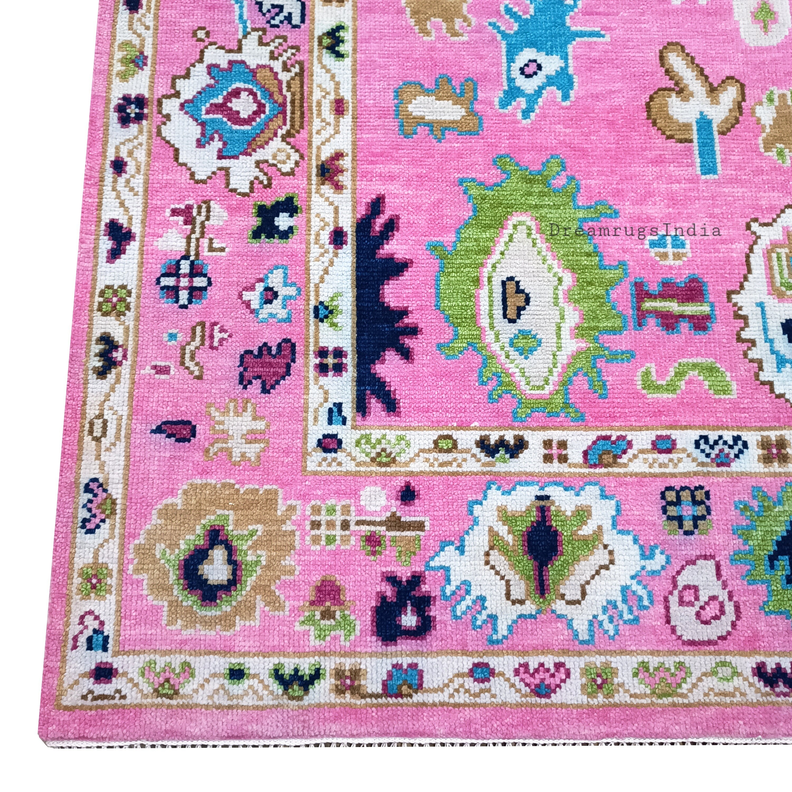 Modern Pink Background With Green Accent Oushak Persian Knot Rug in ...