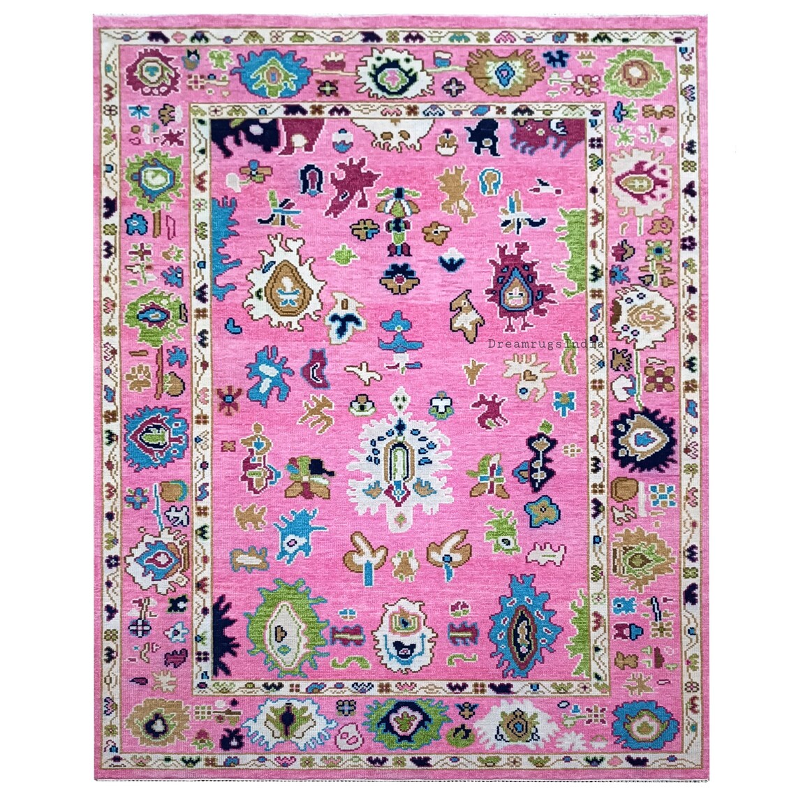 Modern Pink Background With Green Accent Oushak Persian Knot Rug in ...