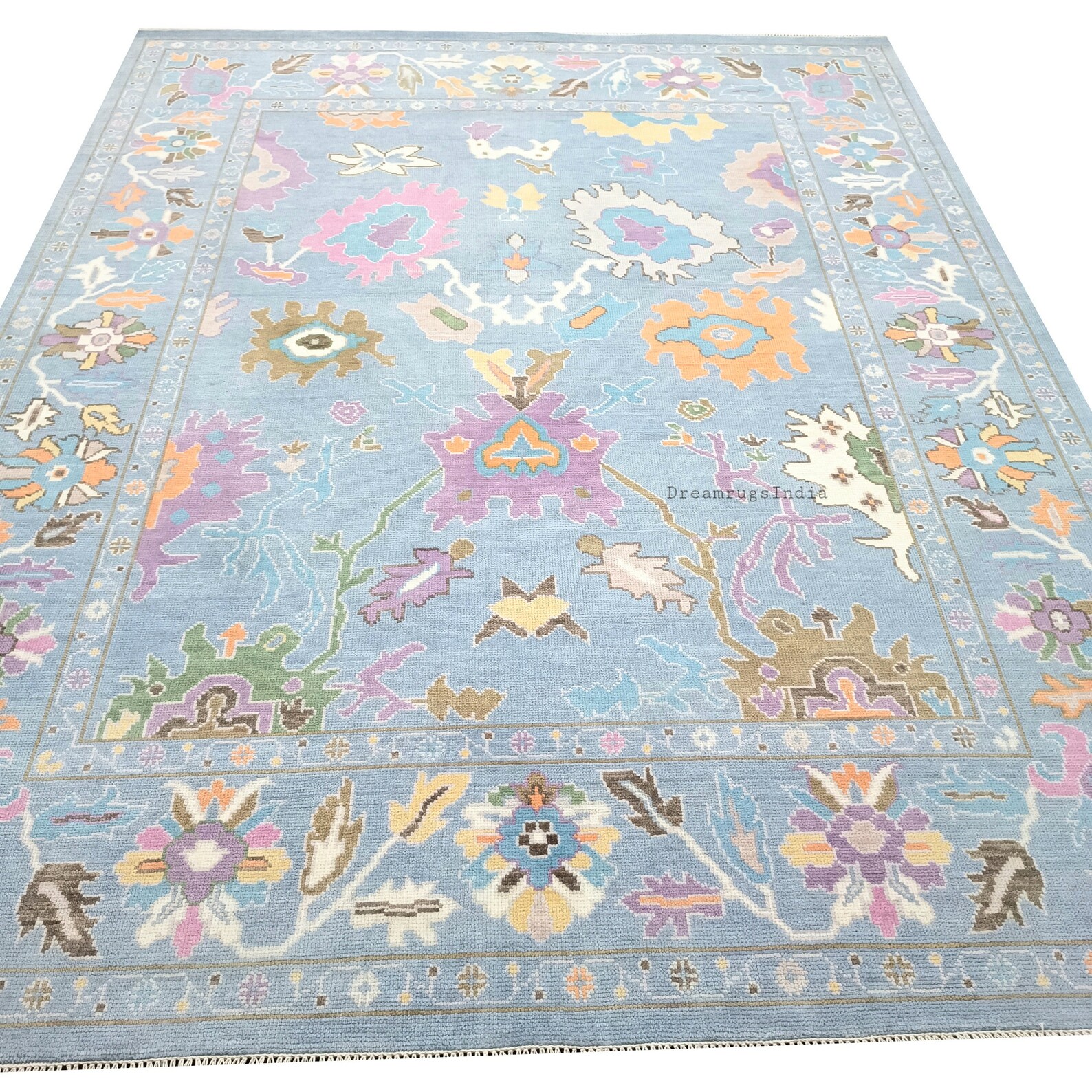 Modern Blue With Pink Accent Oushak Persian Rug in Hand Knotted Wool ...