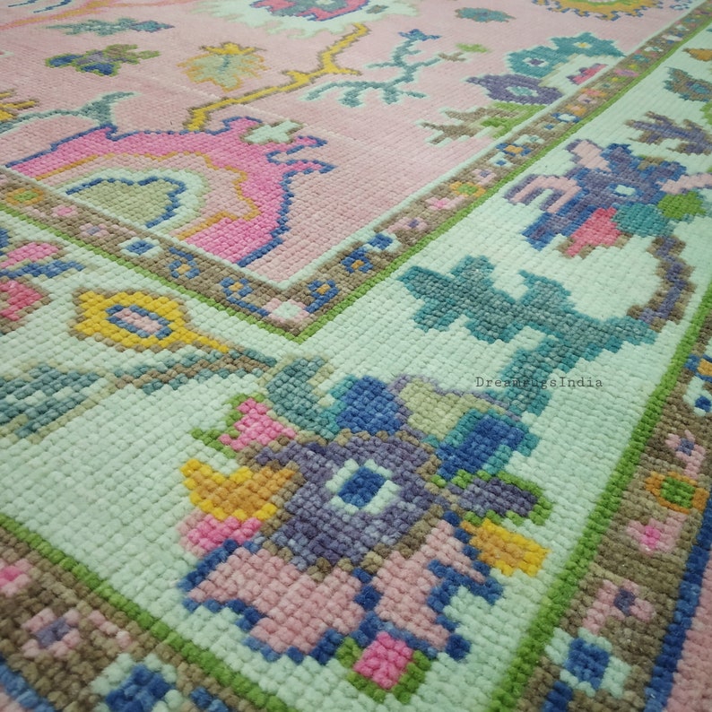 Pastel Pink and Green With Blue Accent Oushak Persian Rug in Hand ...
