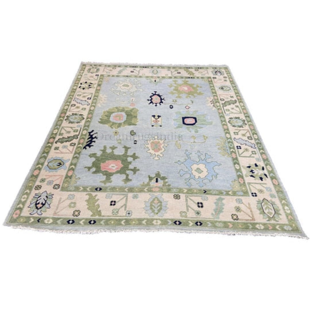 Buy Modern Hand-knotted Oushak Rug in Light Blue and Beige Green Online ...