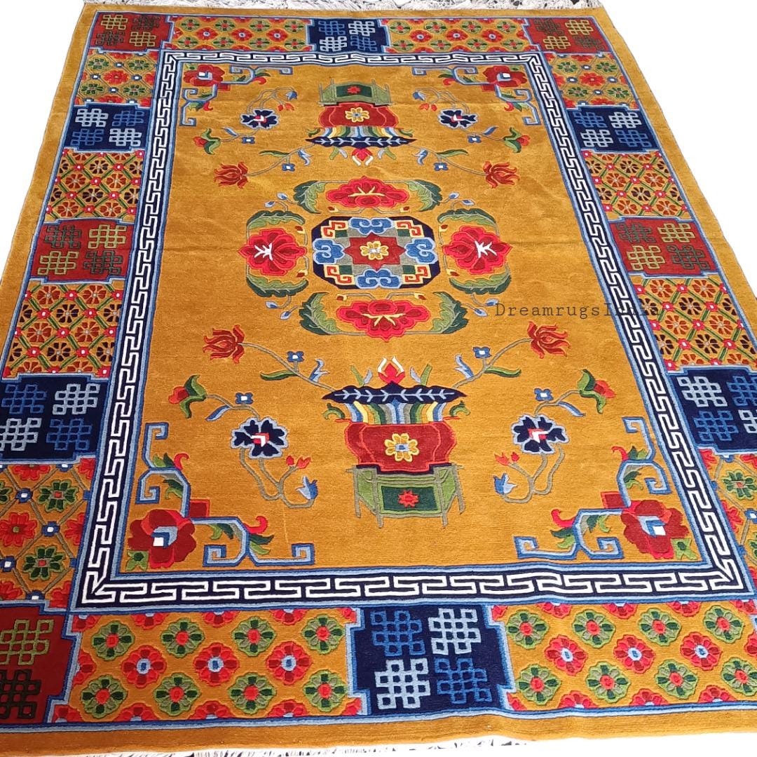 Exquisite High-quality Tibetan Hand Knotted Rug in Gold and Blue With ...