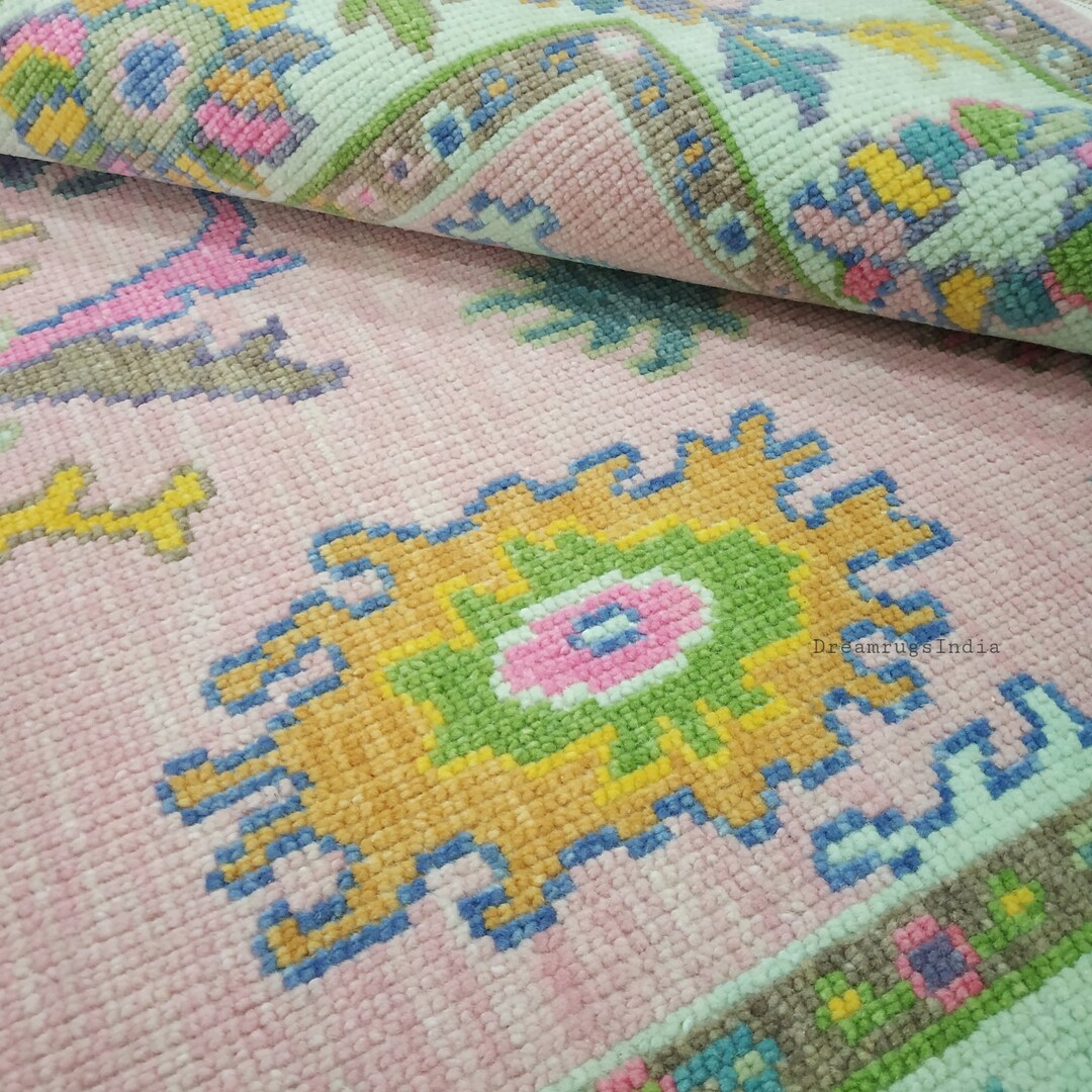 Pastel Pink and Green With Blue Accent Oushak Persian Rug in Hand ...