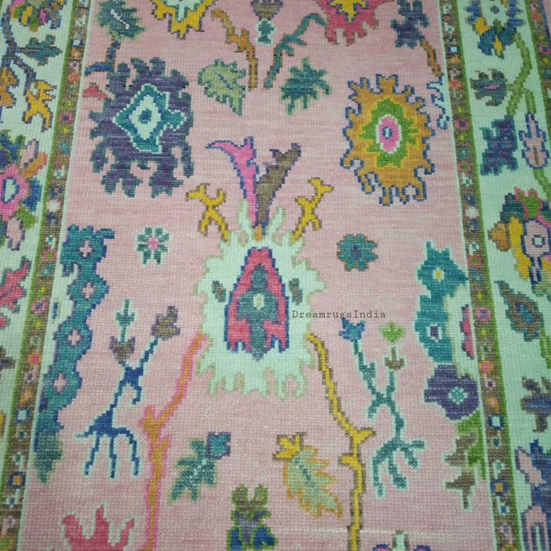 Pastel Pink and Green With Blue Accent Oushak Persian Rug in Hand ...