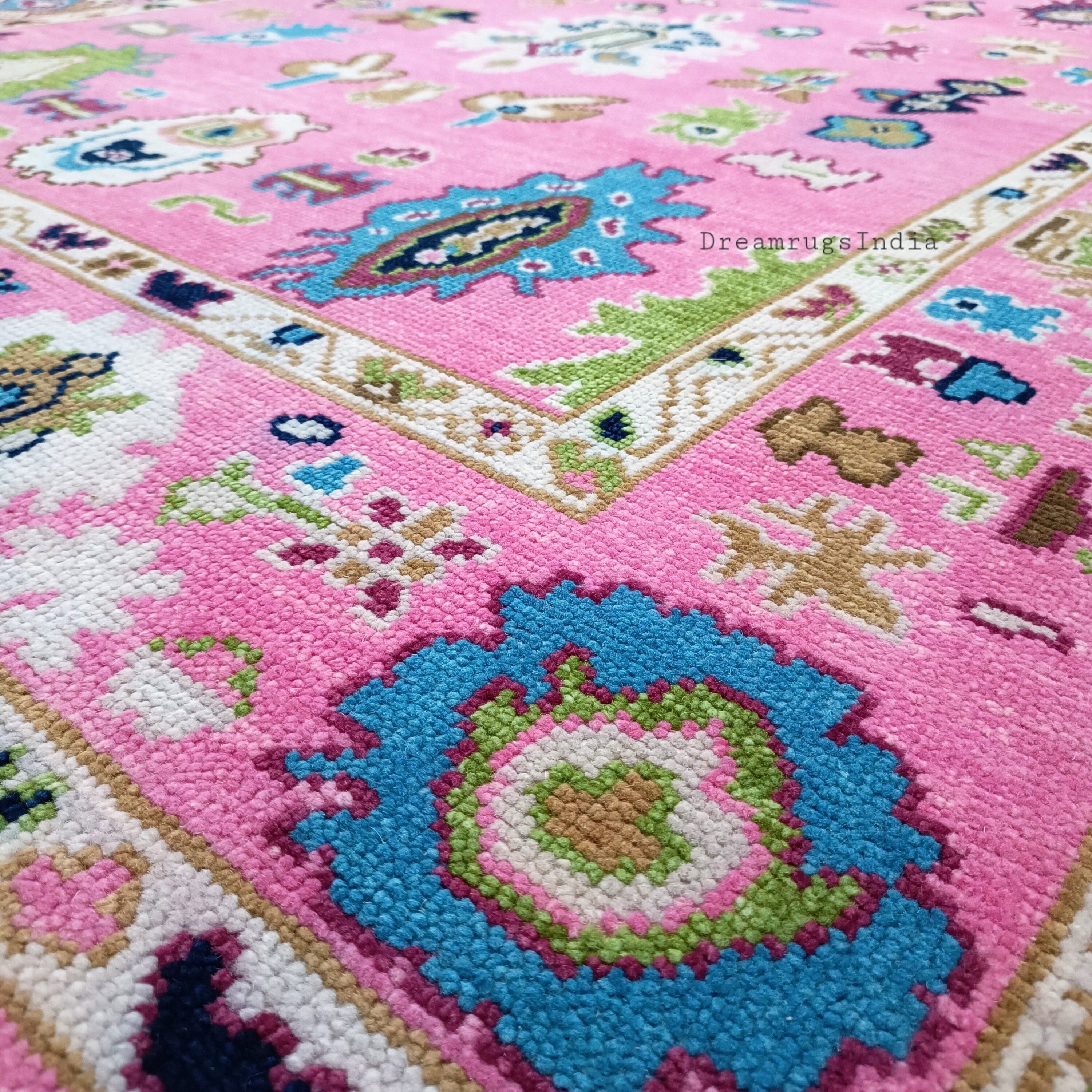 Modern Pink Background With Green Accent Oushak Persian Knot Rug in ...