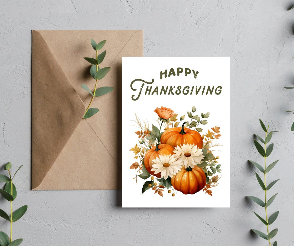 Happy Thanksgiving Card / Printable Pumpkin Card / Autumn Leaves and ...