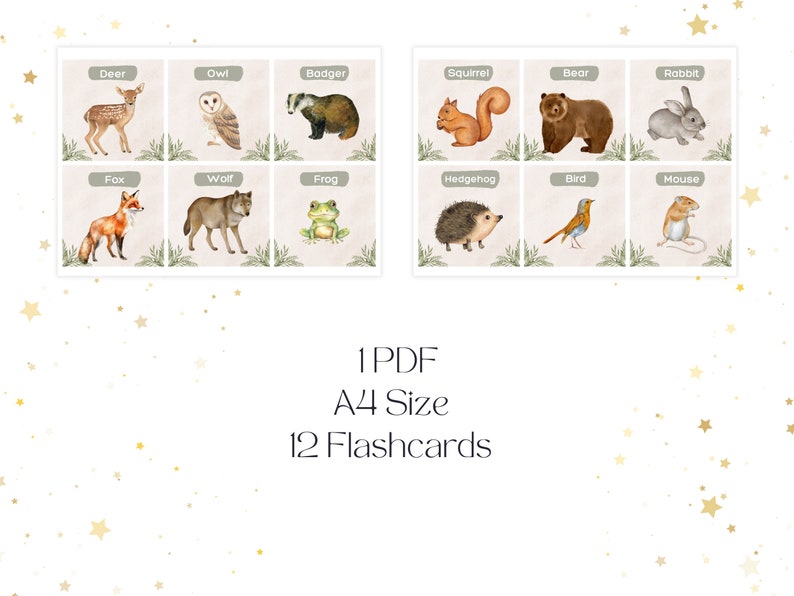 Woodland and Forest Animals 12 Flashcards. Watercolor Cards. Montessori ...
