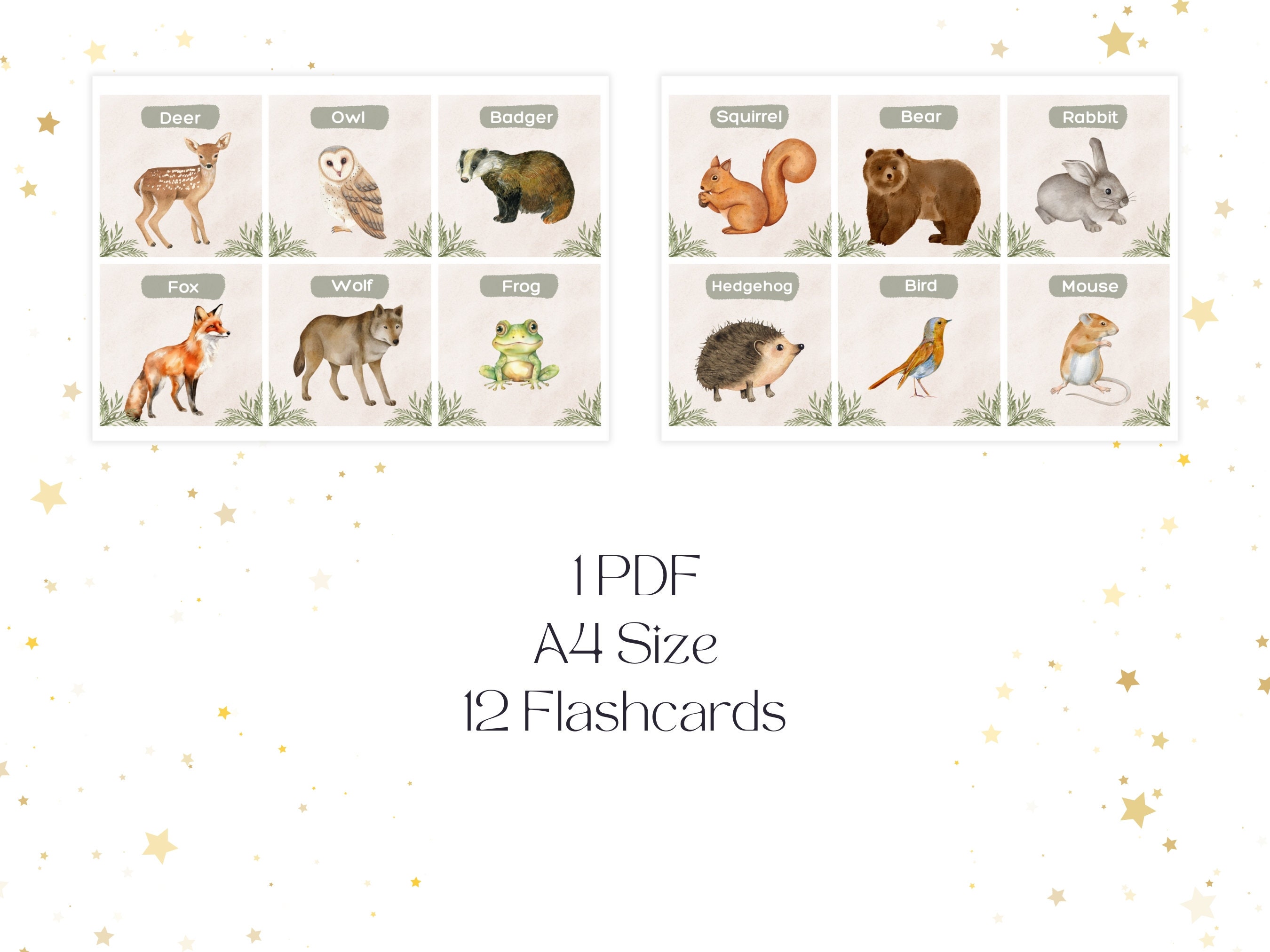 Woodland and Forest Animals 12 Flashcards. Watercolor Cards. Montessori ...