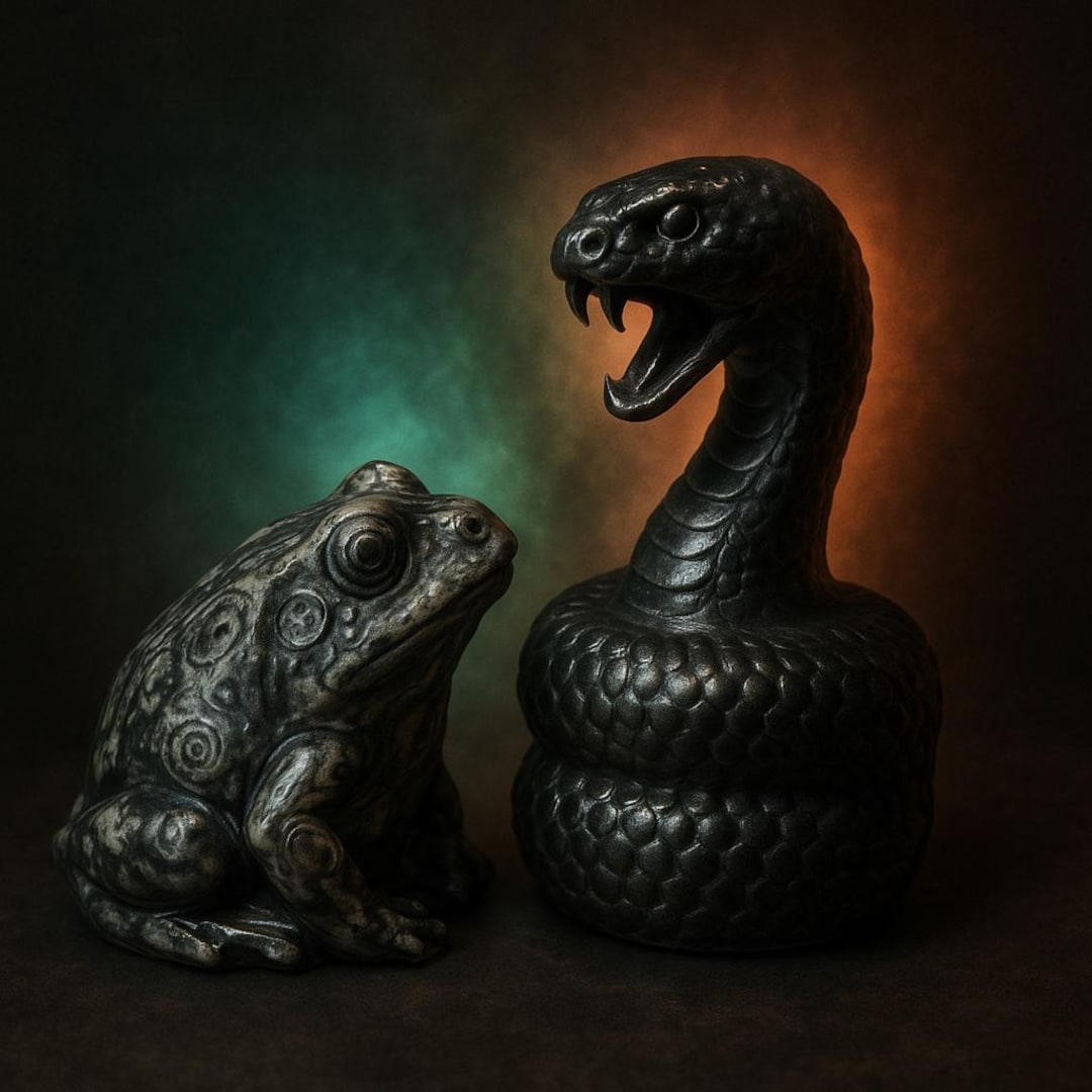 Obsidian Snake & Fossil Stone Frog Altar Guardians: Gothic Witchy Decor ...