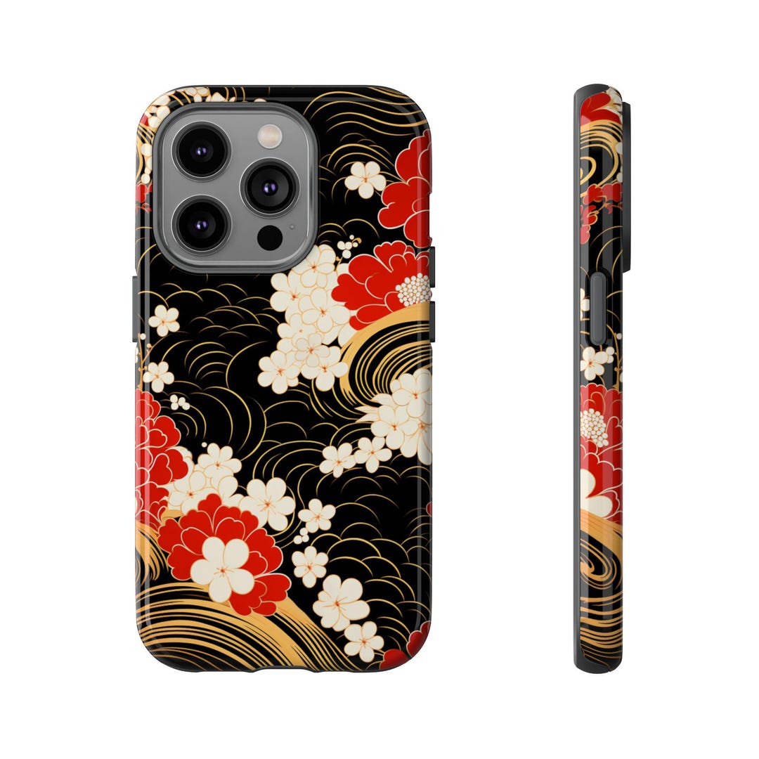Japanese Traditional Kimono Phone Case | Red and White Floral W/ Gold ...