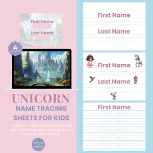 4x Unicorn Name Tracing Worksheets First Name & Last Name Tracing Name ...