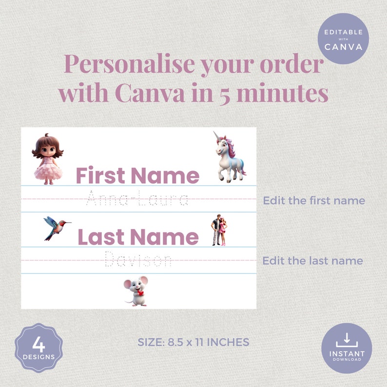 4x Unicorn Name Tracing Worksheets First Name & Last Name Tracing Name ...
