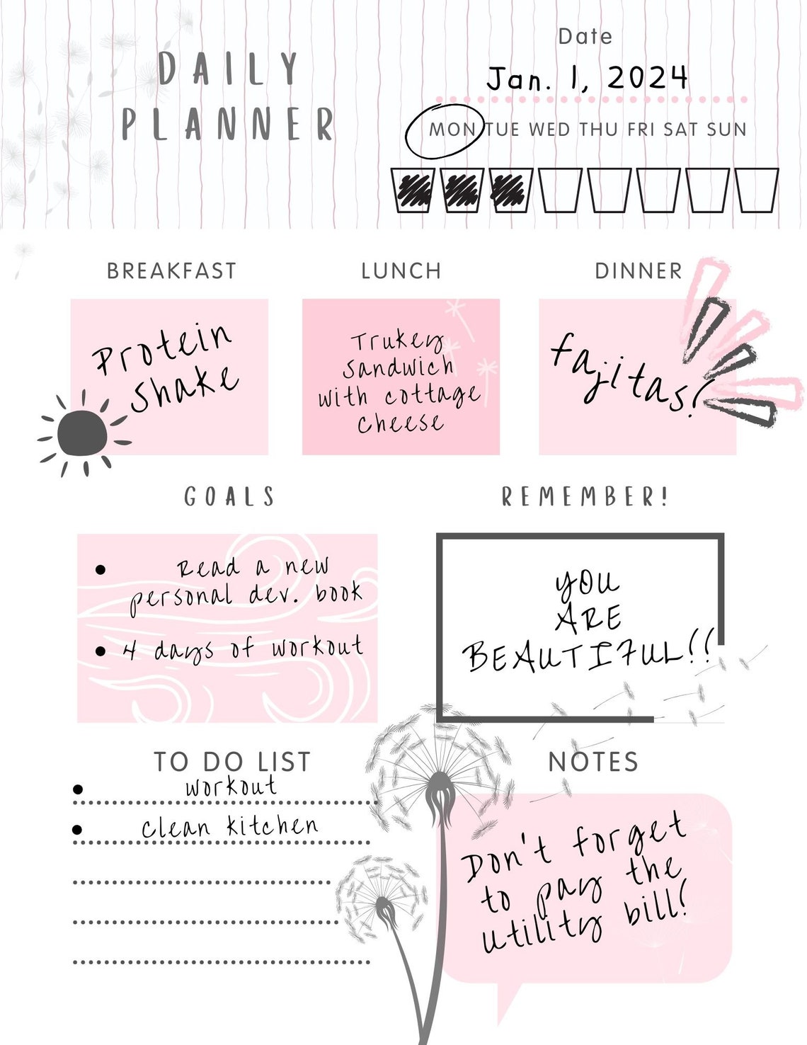 Dandelion Daily Planner, Digital Planner, Printable, Meal Planner ...