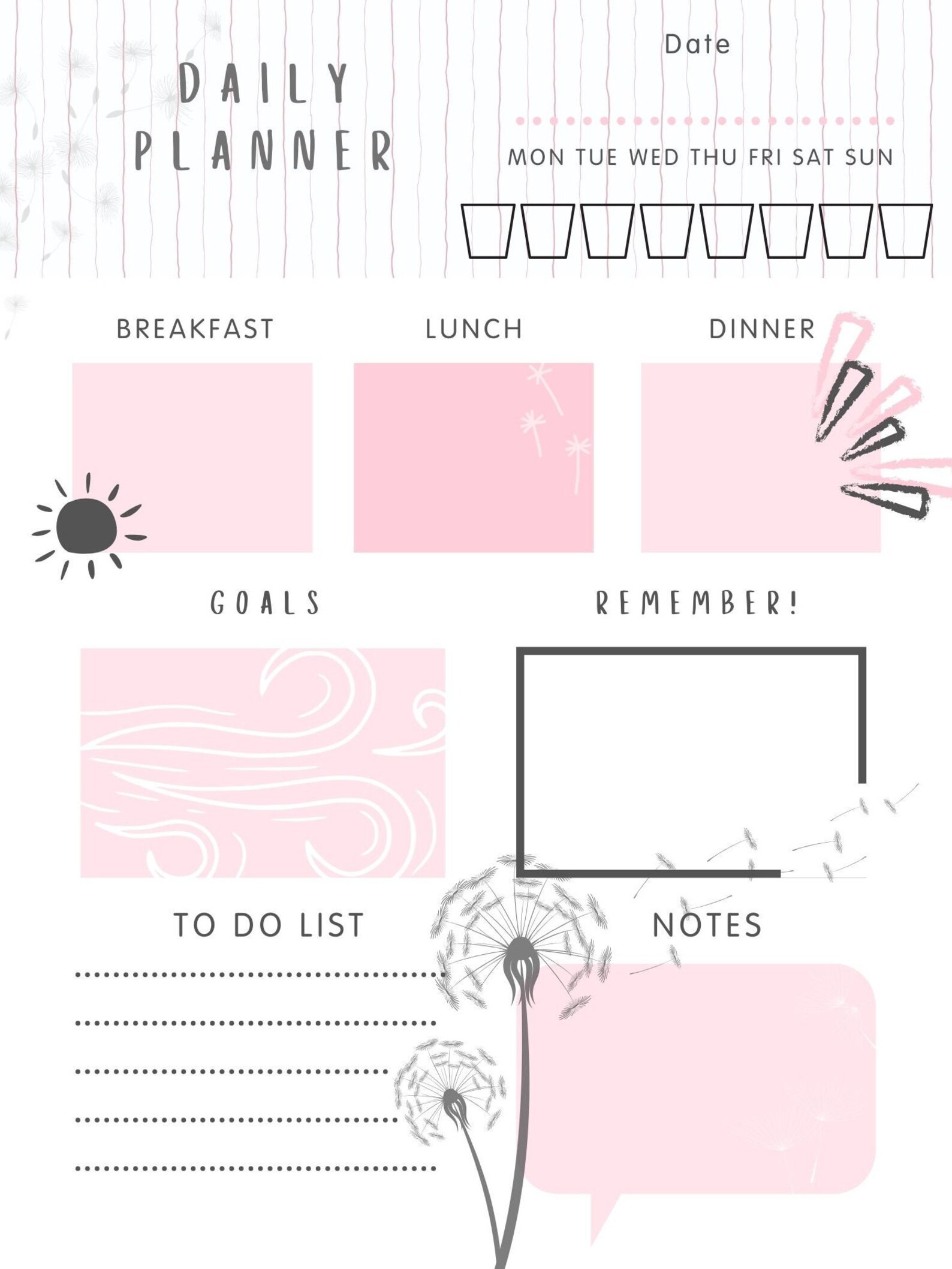 Dandelion Daily Planner, Digital Planner, Printable, Meal Planner ...