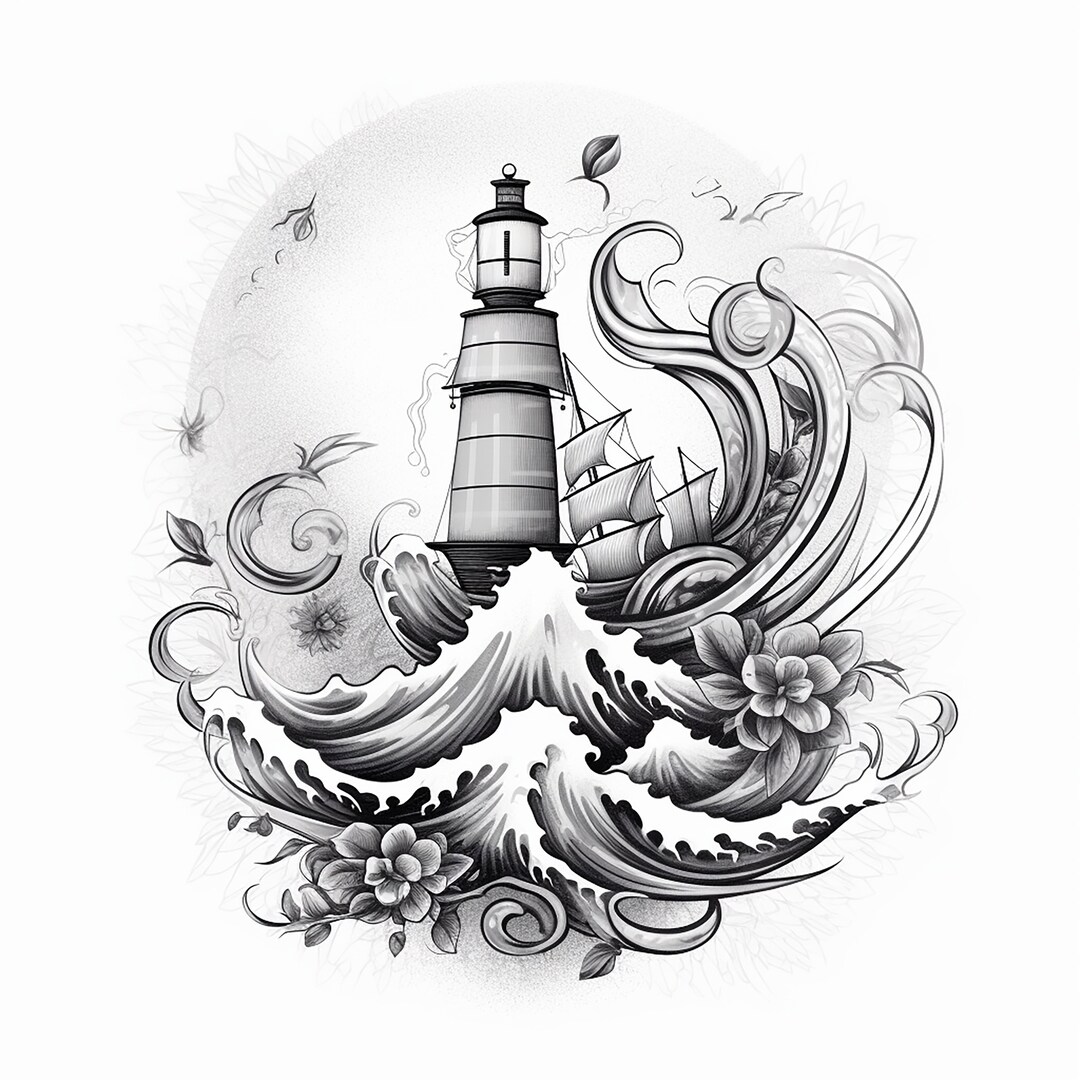 Tattoo Artwork Guiding Coastal Tides: Majestic Lighthouse and Beach ...