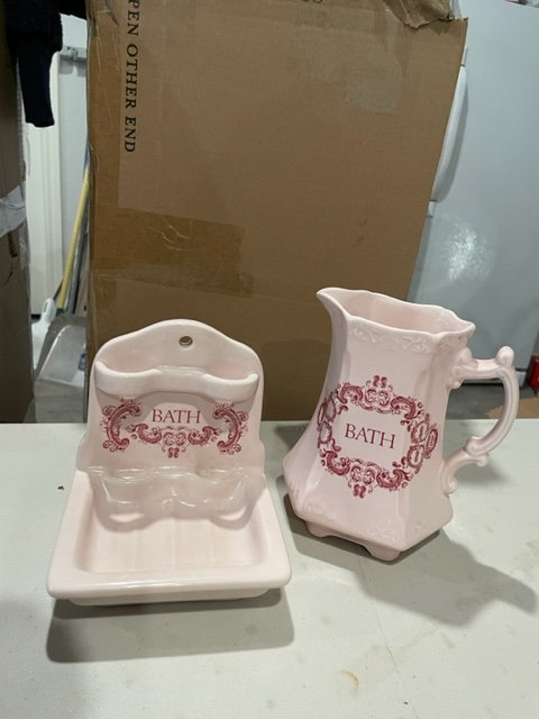 CROWN DEVON Pink "bath" Pitcher and Wall Mount Soap Toothbrush Holder ...