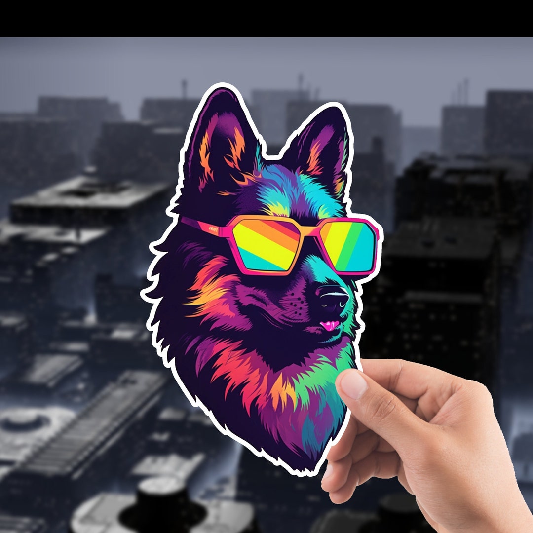 Synthwave German Shepherd in Sunglasses Sticker, 1980's Synthwave ...