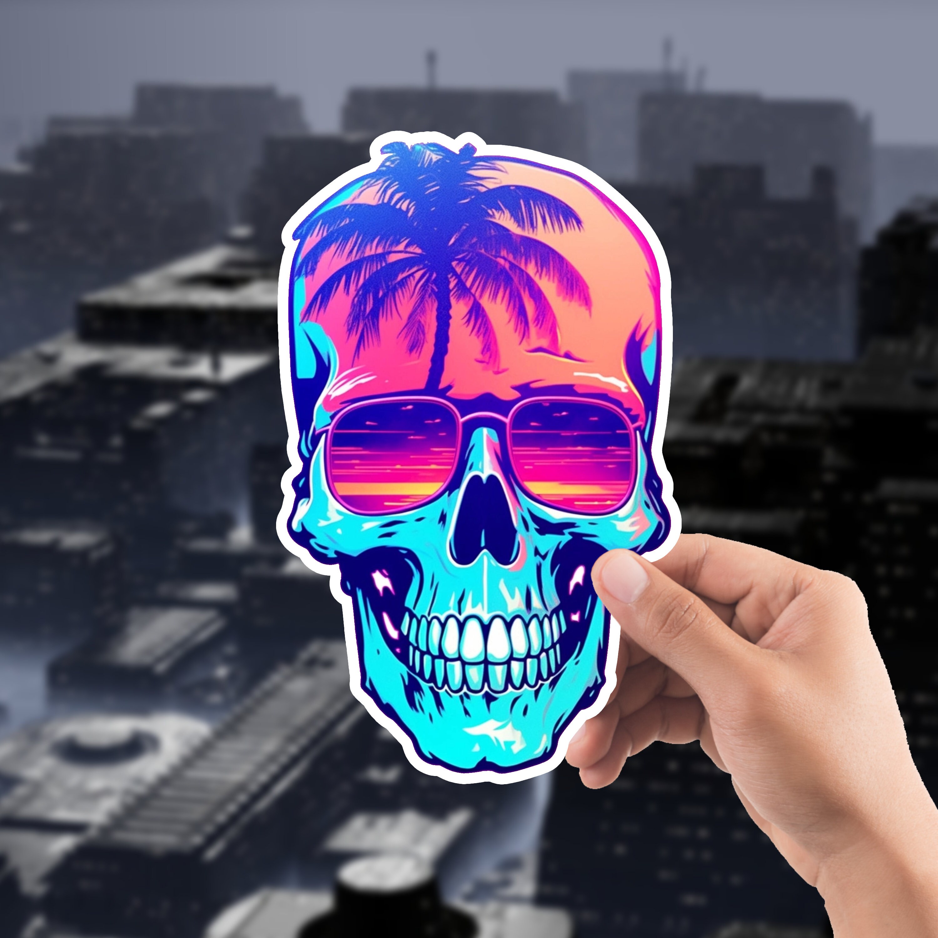 Synthwave Skull Sticker, 1980's Synthwave Sticker, 1980's Retro Skull ...