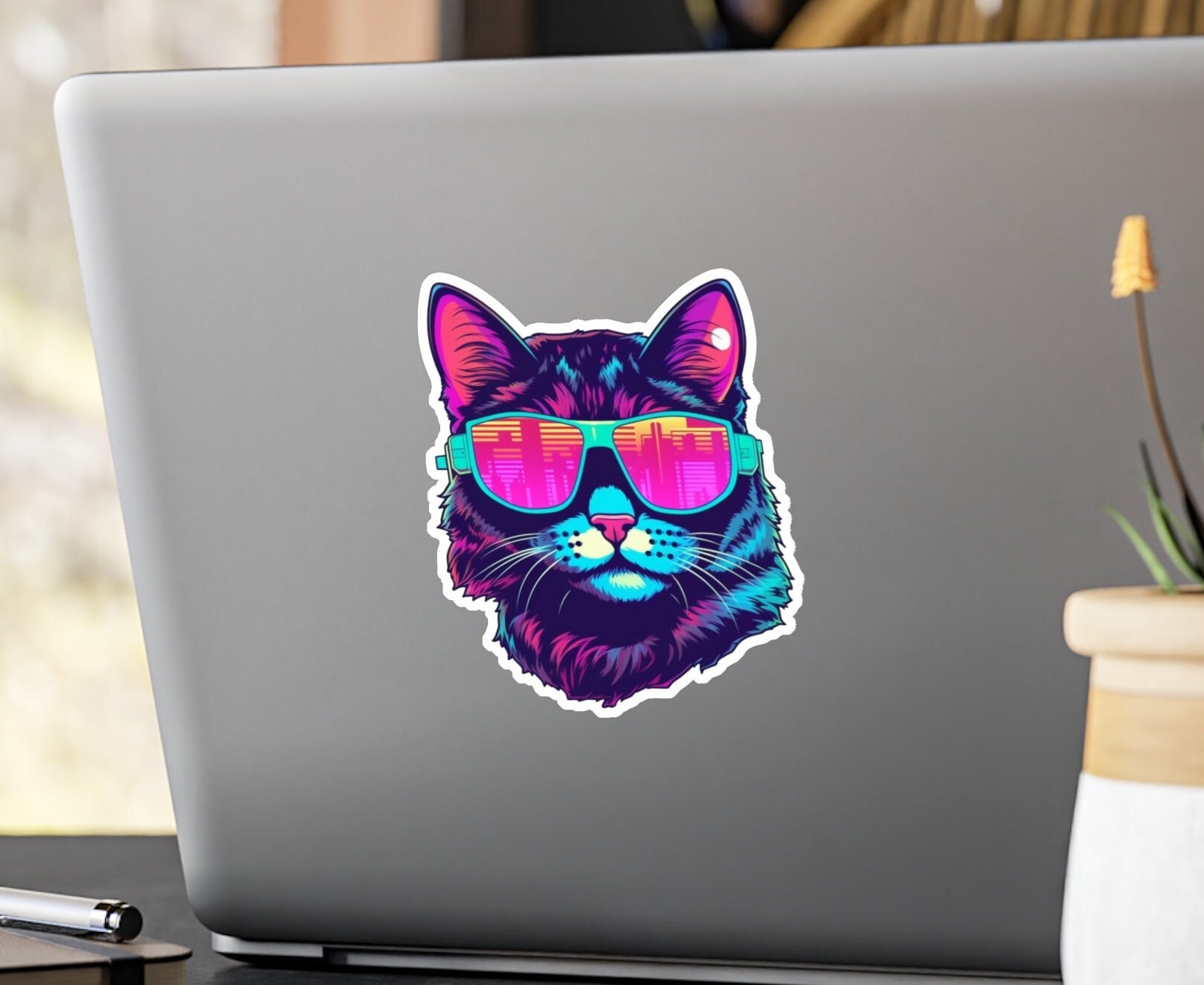 Synthwave Cat Vinyl Decal, Retro 80's Cat Sticker, 1980's Retro Kitty ...