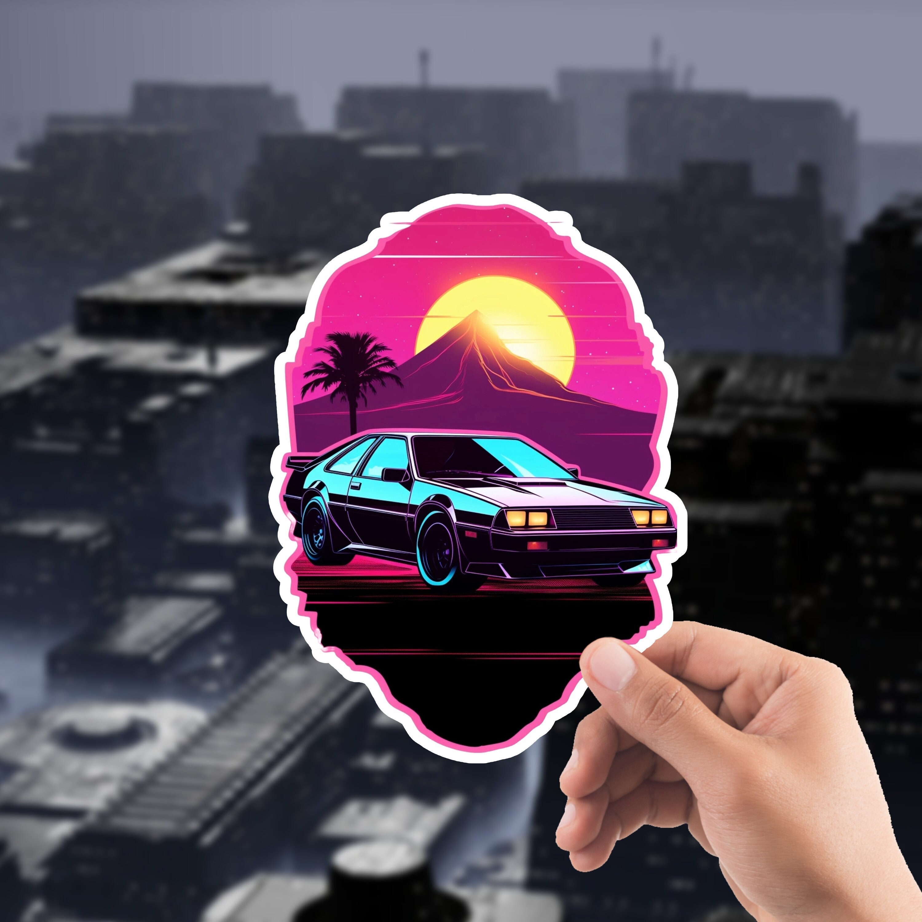 1980's Synthwave Retro Car in Sunset Sticker, 1980's Retro Car Sticker ...