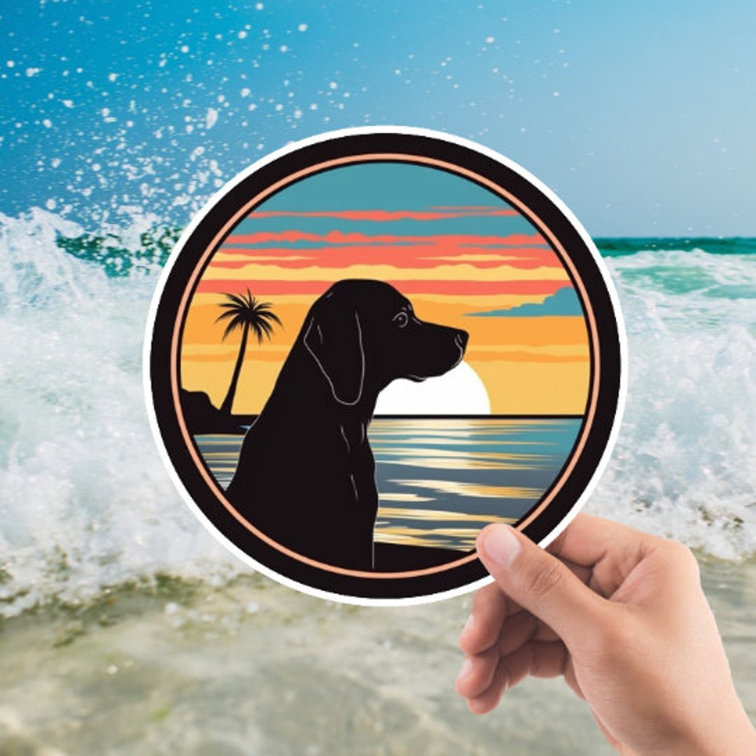 Black Labrador Retriever Sticker, Sunset, Beach, Ocean, Cute Lab ...