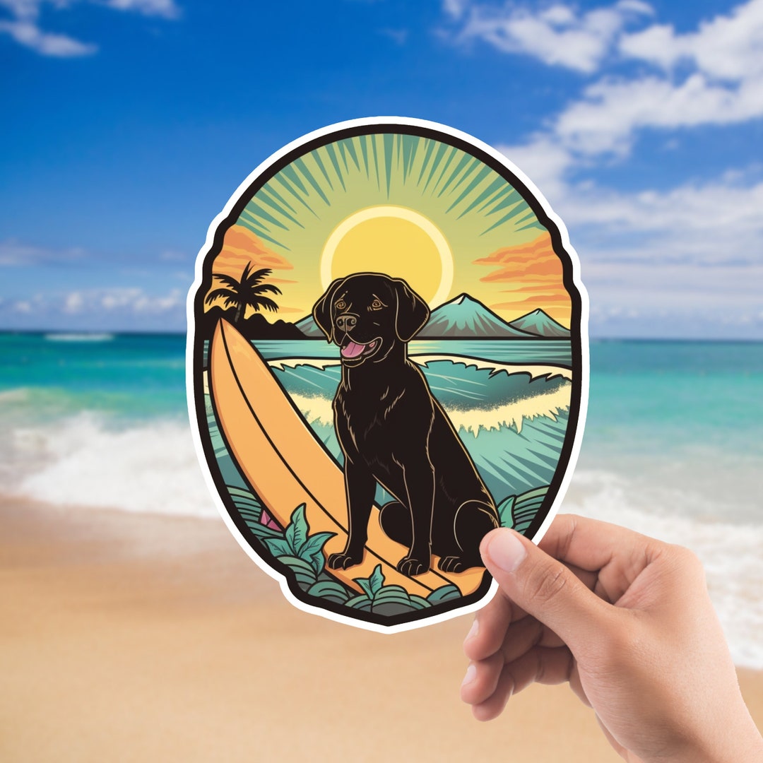 Labrador Retriever Sticker, Black Lab Surfing, Black Lab Sticker, Beach ...