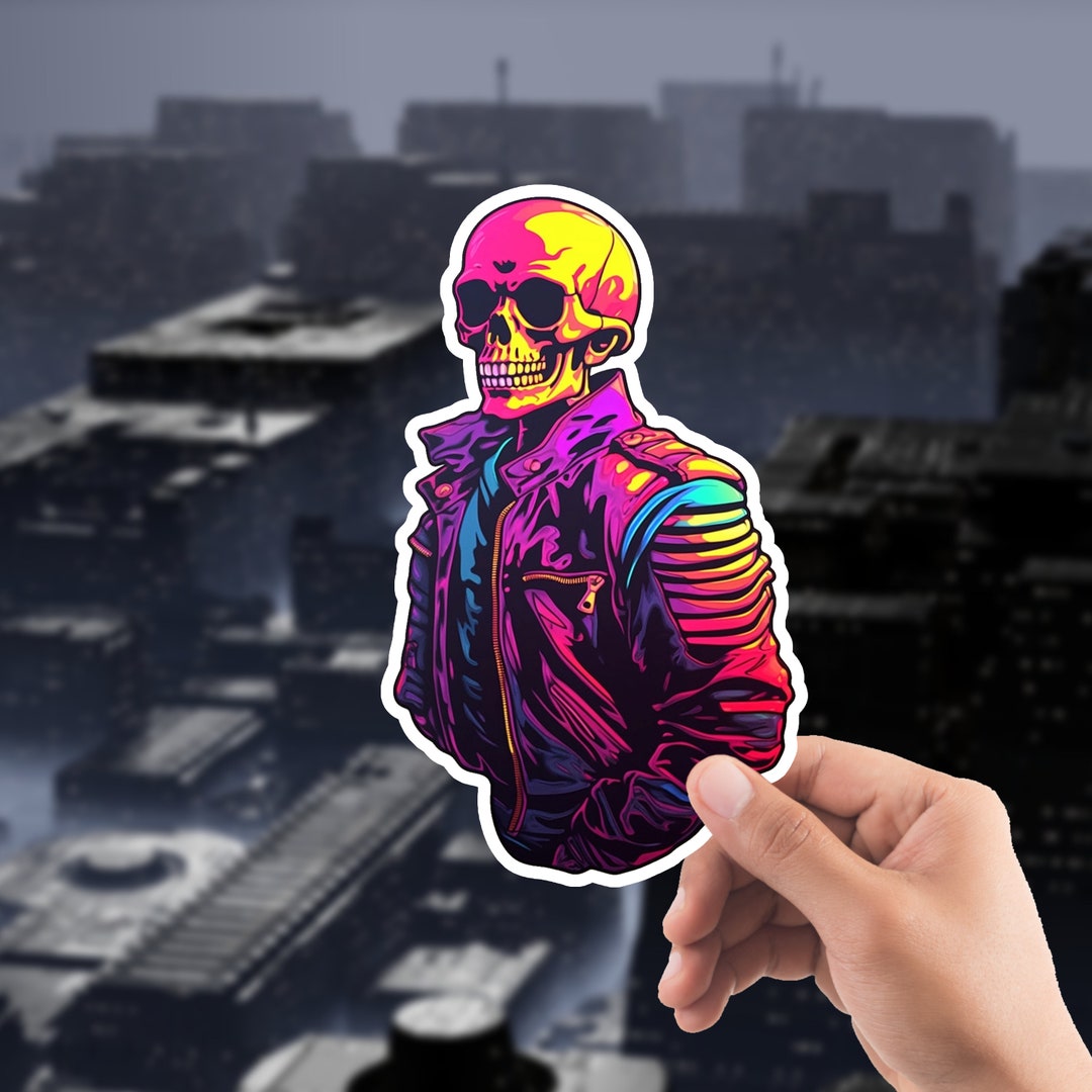Synthwave Skeleton in Leather Jacket Sticker, 1980's Synthwave Sticker ...