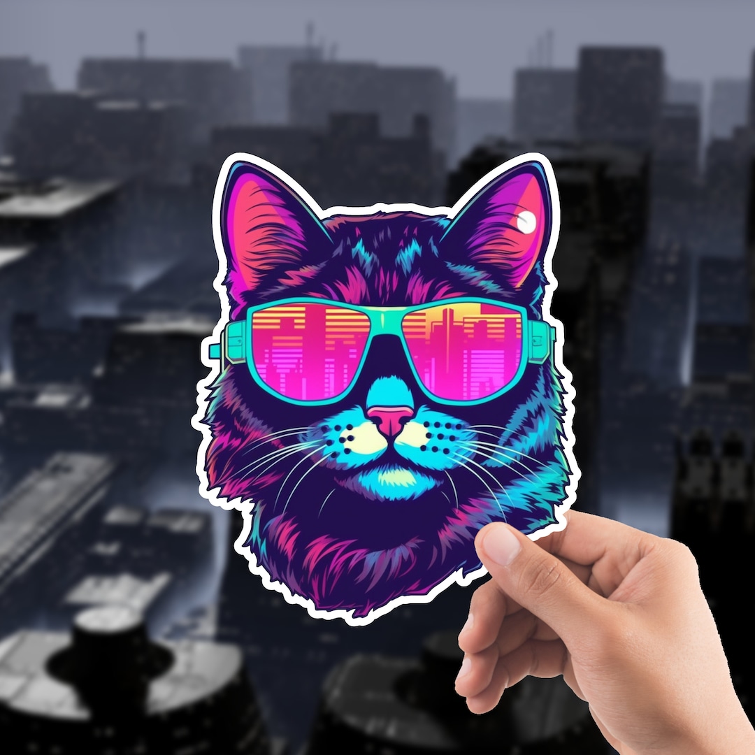 Synthwave Cat Vinyl Decal, Retro 80's Cat Sticker, 1980's Retro Kitty ...