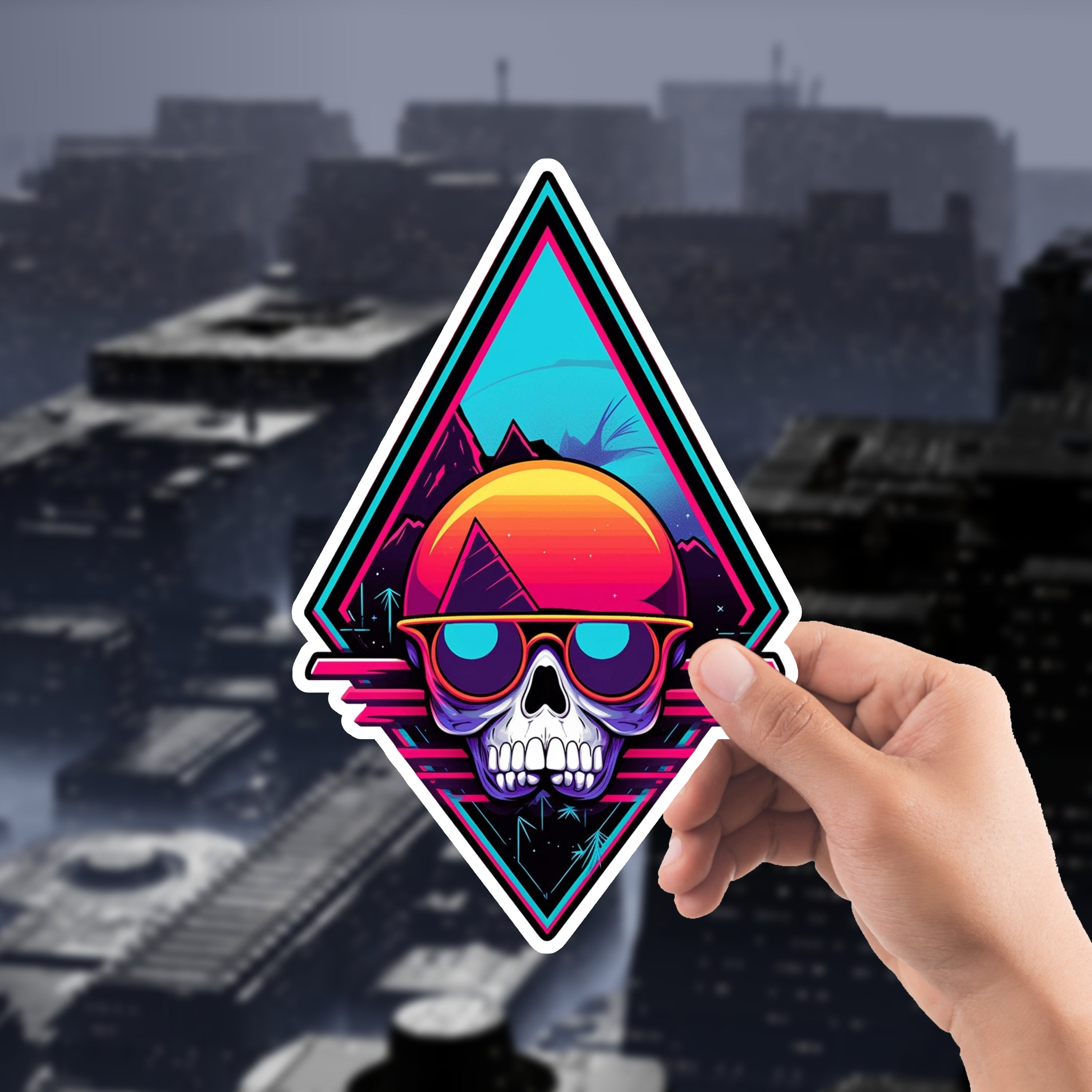 Synthwave Skull Sticker, 1980's Synthwave Sticker, 1980's Retro Skull ...