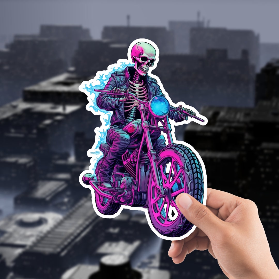 Synthwave Flaming Skeleton on Motorcycle Sticker, 1980's Synthwave ...