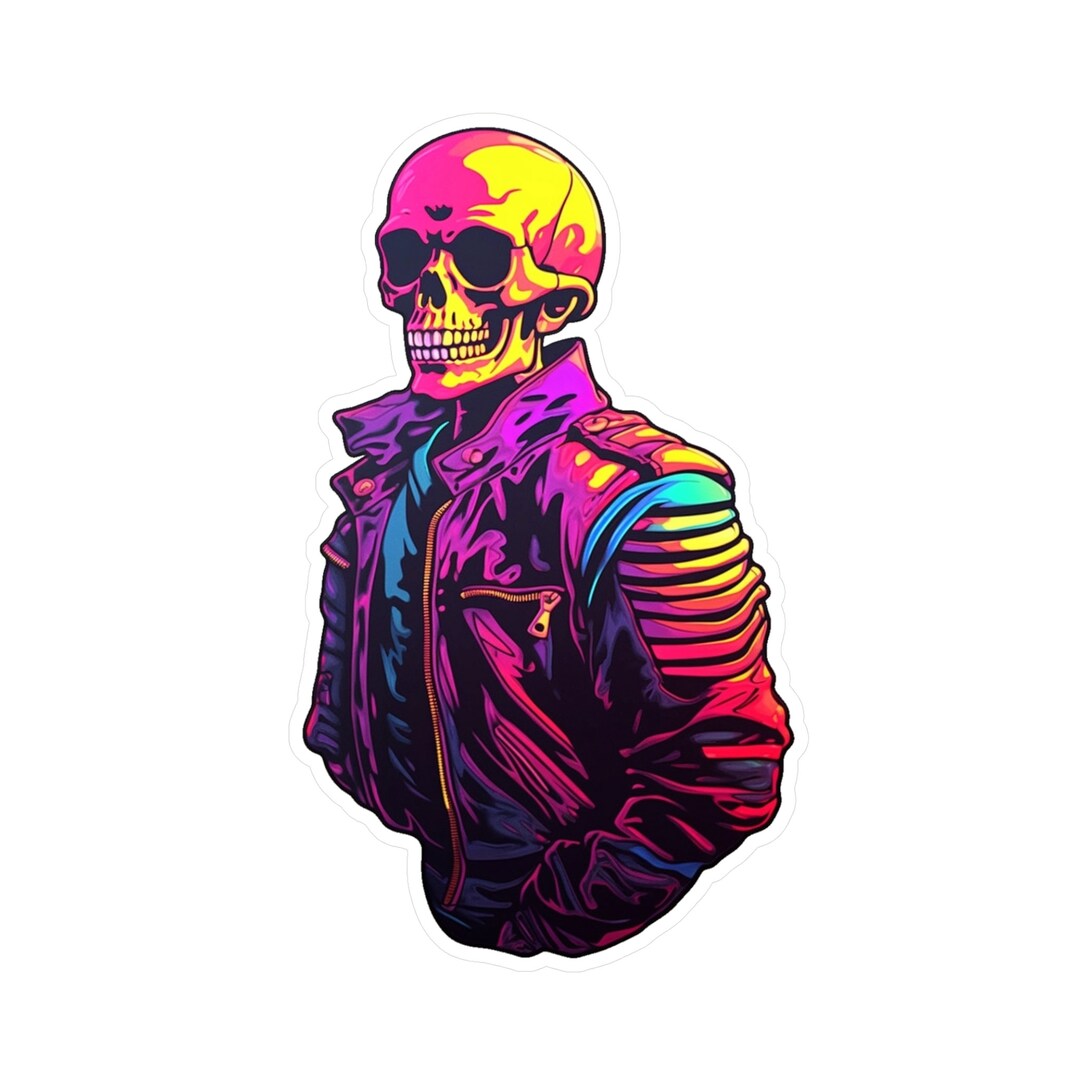 Synthwave Skeleton in Leather Jacket Sticker, 1980's Synthwave Sticker ...