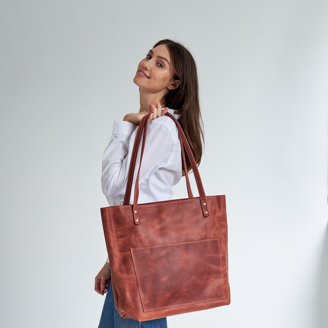 Leather Tote Bag With Zipper and Outside Pocket, Women's Leather Tote ...