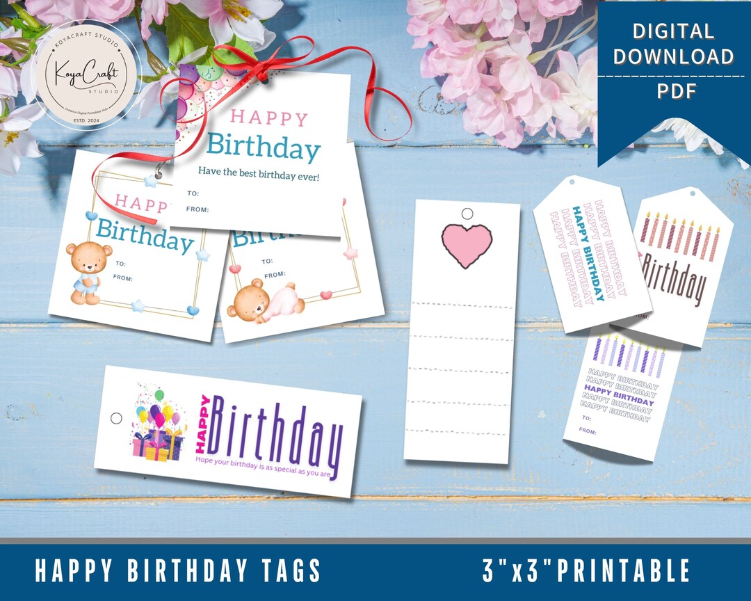 8 Styles Happy Birthday Gift Tag Bundle, Printable Gift Tag, Birthday ...