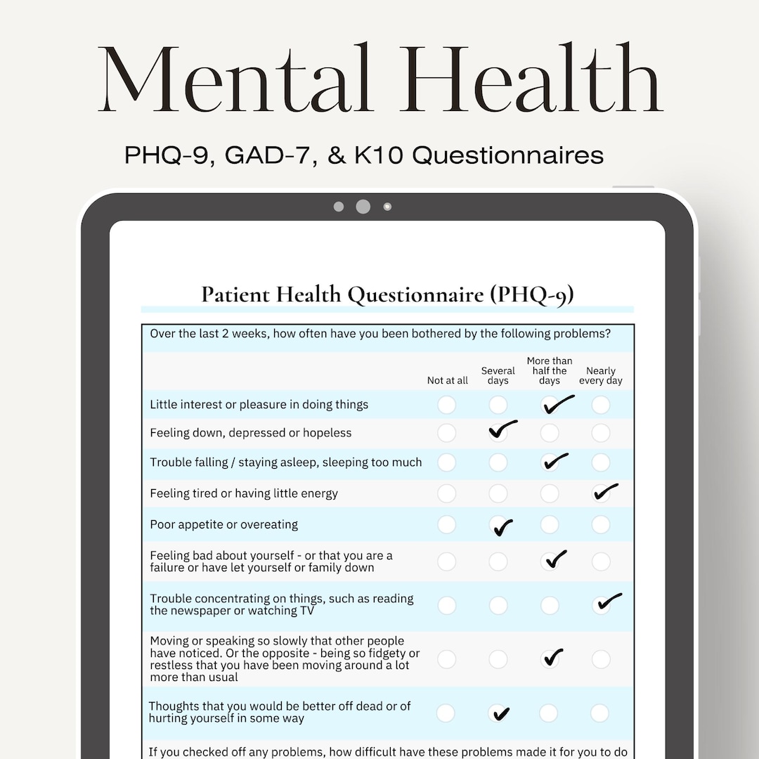 Mental Health Tracker - PHQ-9 GAD-7 and K10 Questionnaires - Printable Depression Anxiety ...