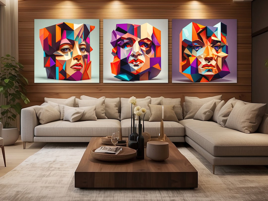 Geometric Harmony of Abstract 3D Faces Trio, 3D Cubism, Abstract ...