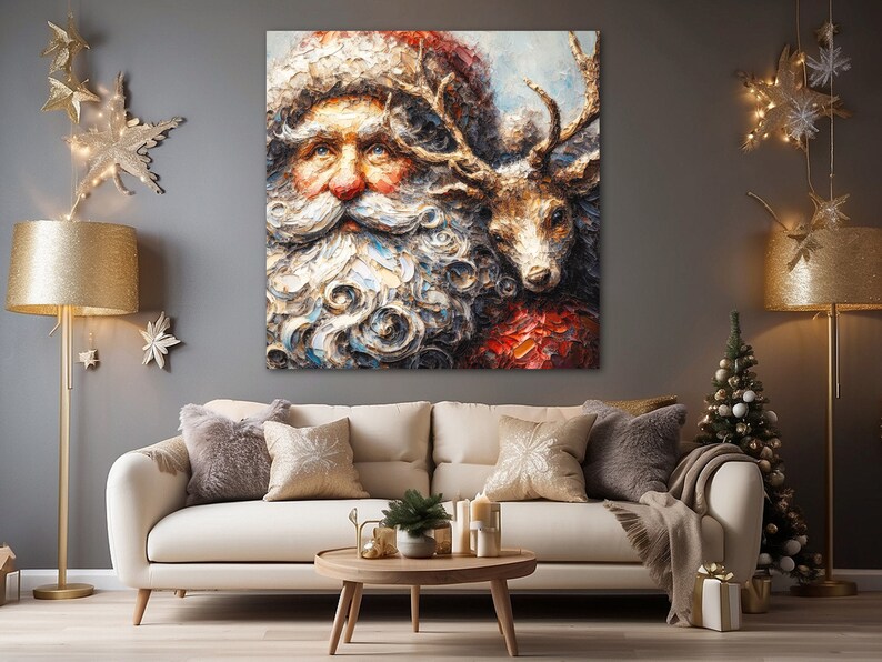 Santa Claus and His Reindeer Portrait, Christmas Wall Art, Christmas ...