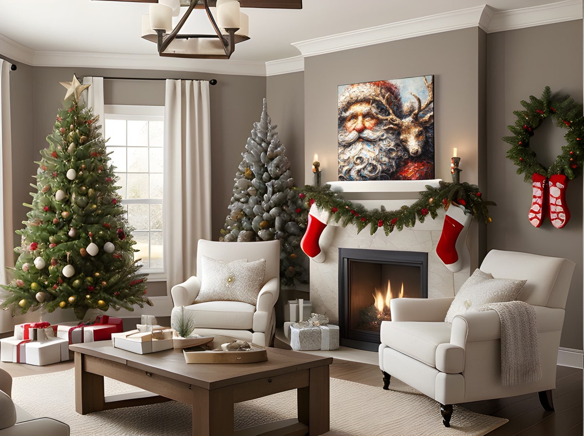 Santa Claus and His Reindeer Portrait, Christmas Wall Art, Christmas ...