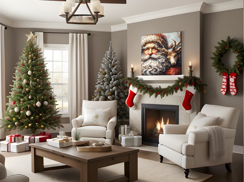 Santa Claus and His Reindeer Portrait, Christmas Wall Art, Christmas ...