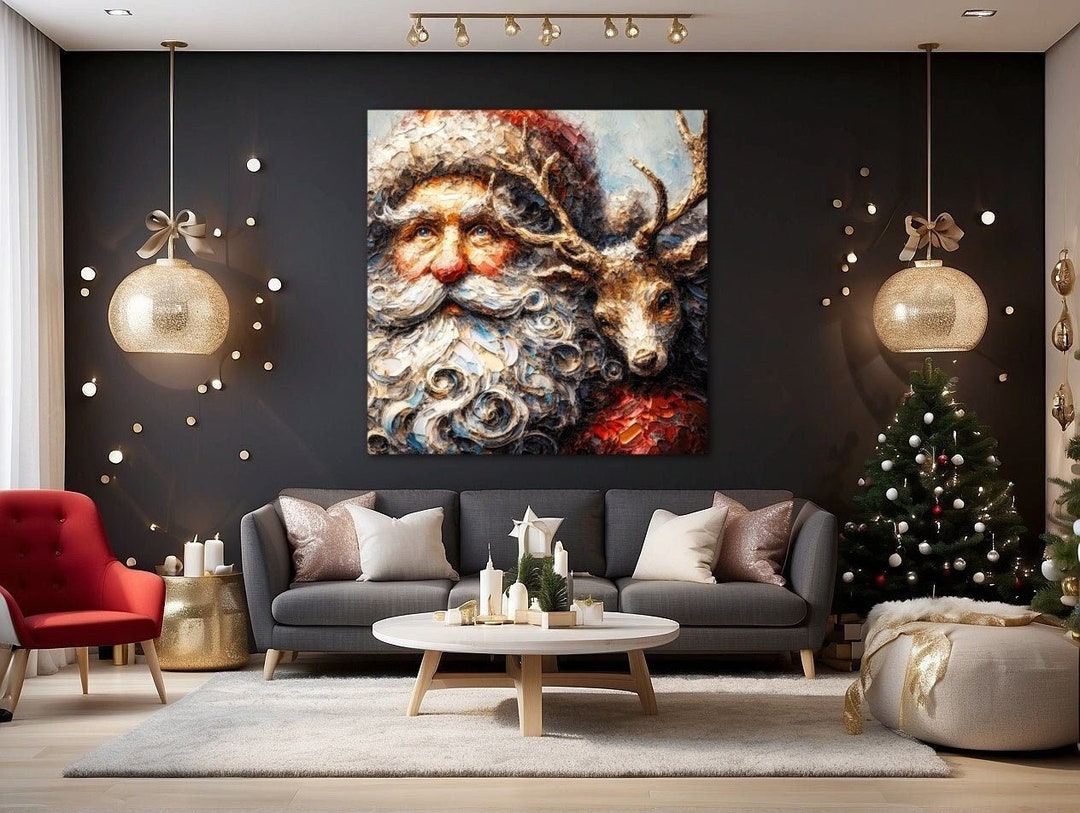 Santa Claus and His Reindeer Portrait, Christmas Wall Art, Christmas ...