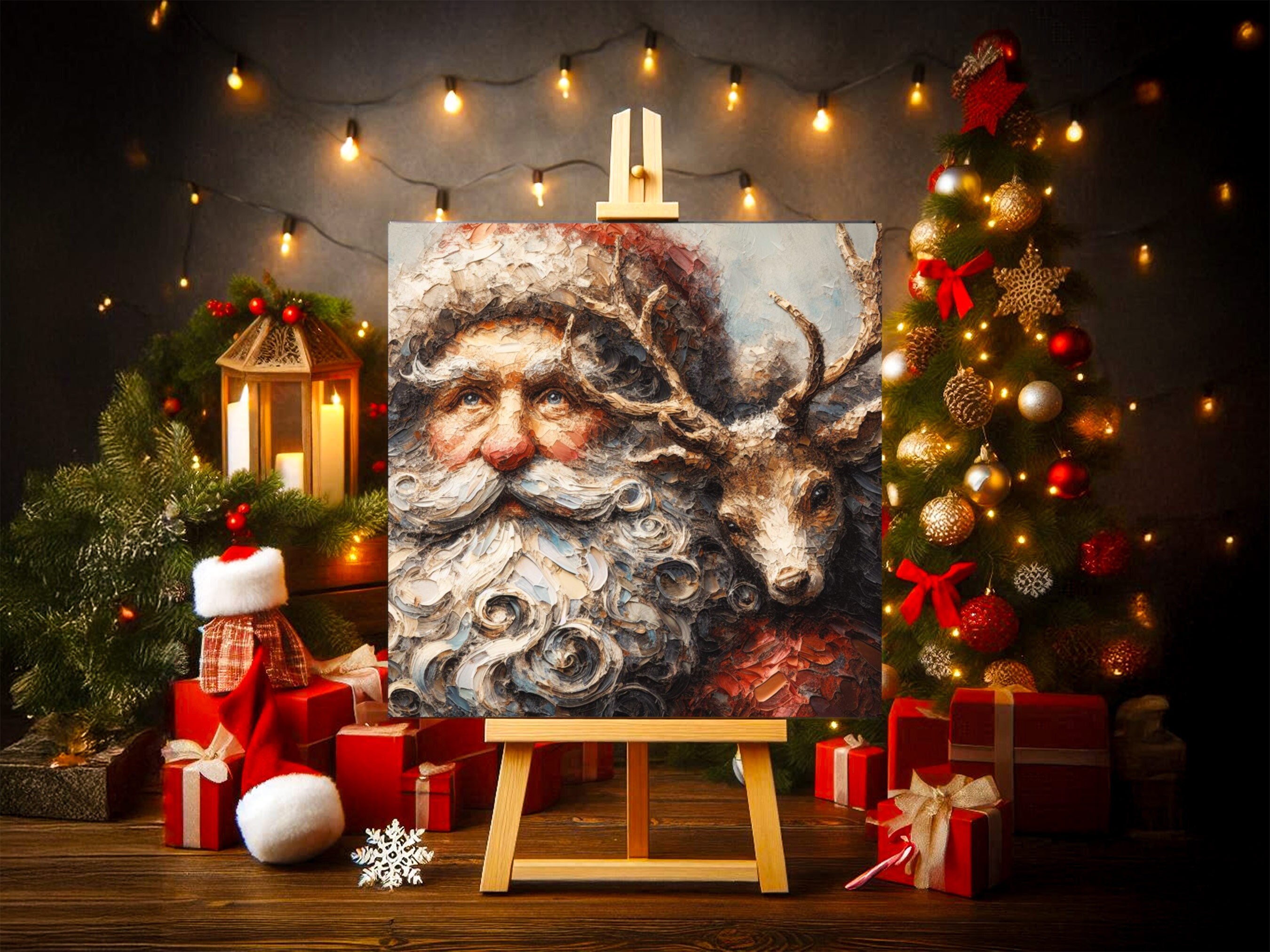 Santa Claus and His Reindeer Portrait, Christmas Wall Art, Christmas ...