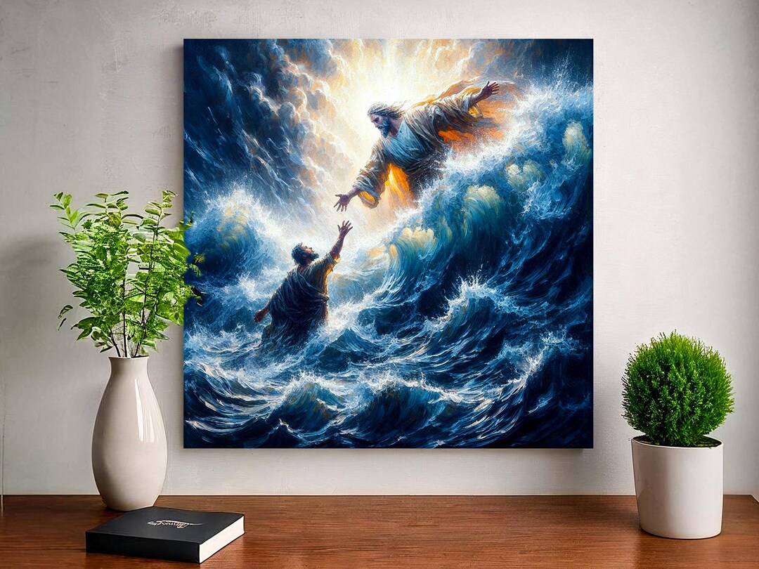 Jesus Saving Peter Inspirational Biblical Scene Artwork Canvas Print ...
