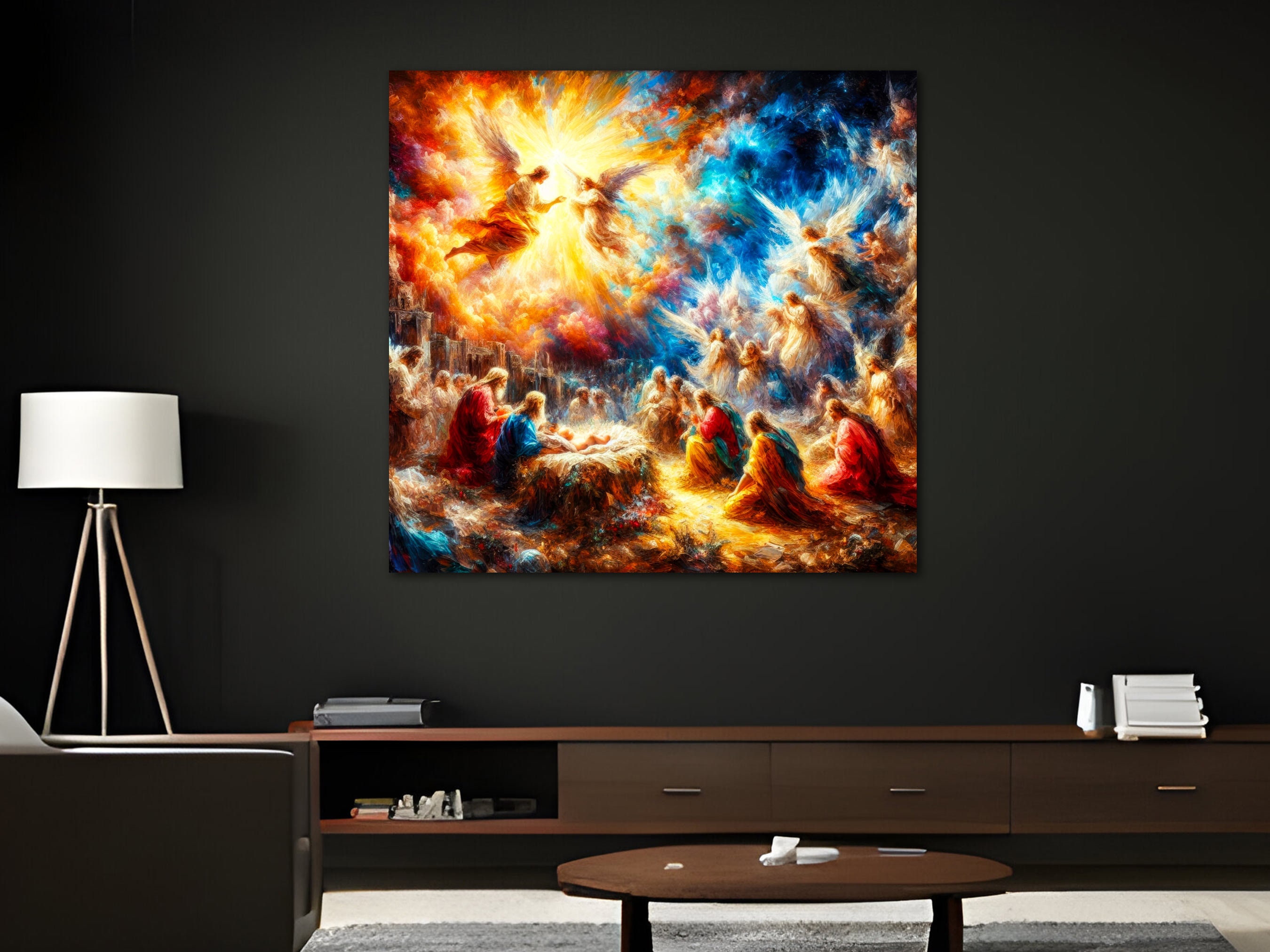 Nativity of Jesus Painting, Birth of Jesus Scene Painting, Angelic ...